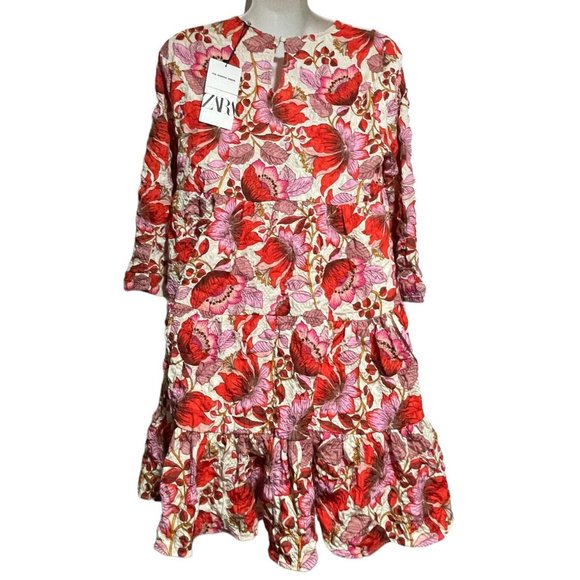 Zara | Dresses | Nwt Zara Sharon Floral Tiered Mini Dress Pink Red Size ...